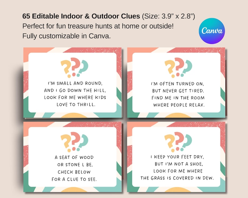 Editable Scavenger Hunt Game: 65 Riddle Clue Cards (digital Download ...