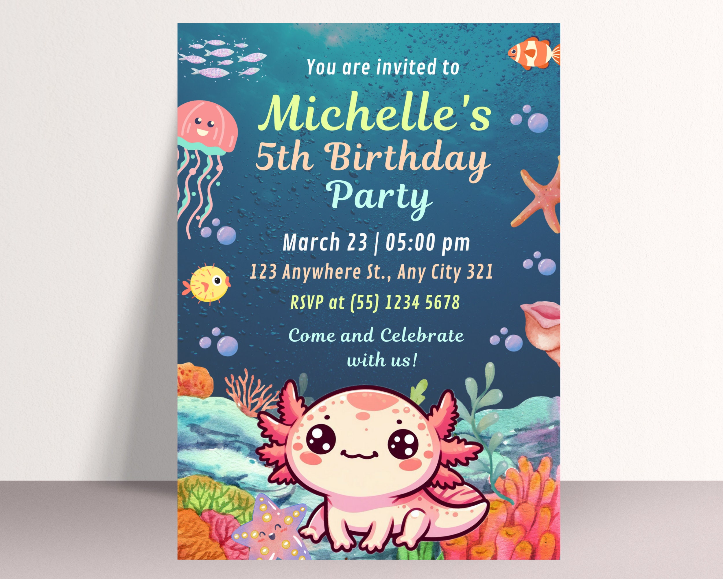 Axolotl Birthday Invitation, Editable Axolotl Birthday Invitation ...