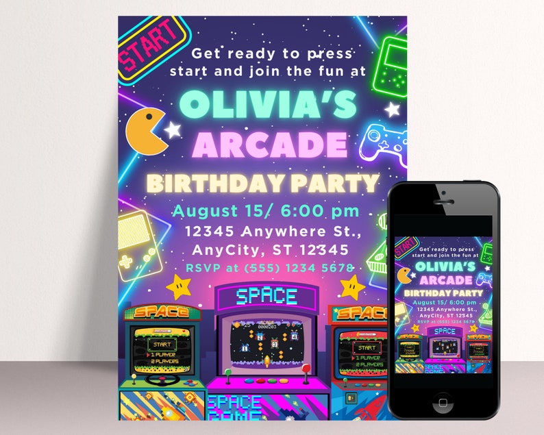 Arcade Birthday Party Invitation: Editable Neon Game Invite (digital ...