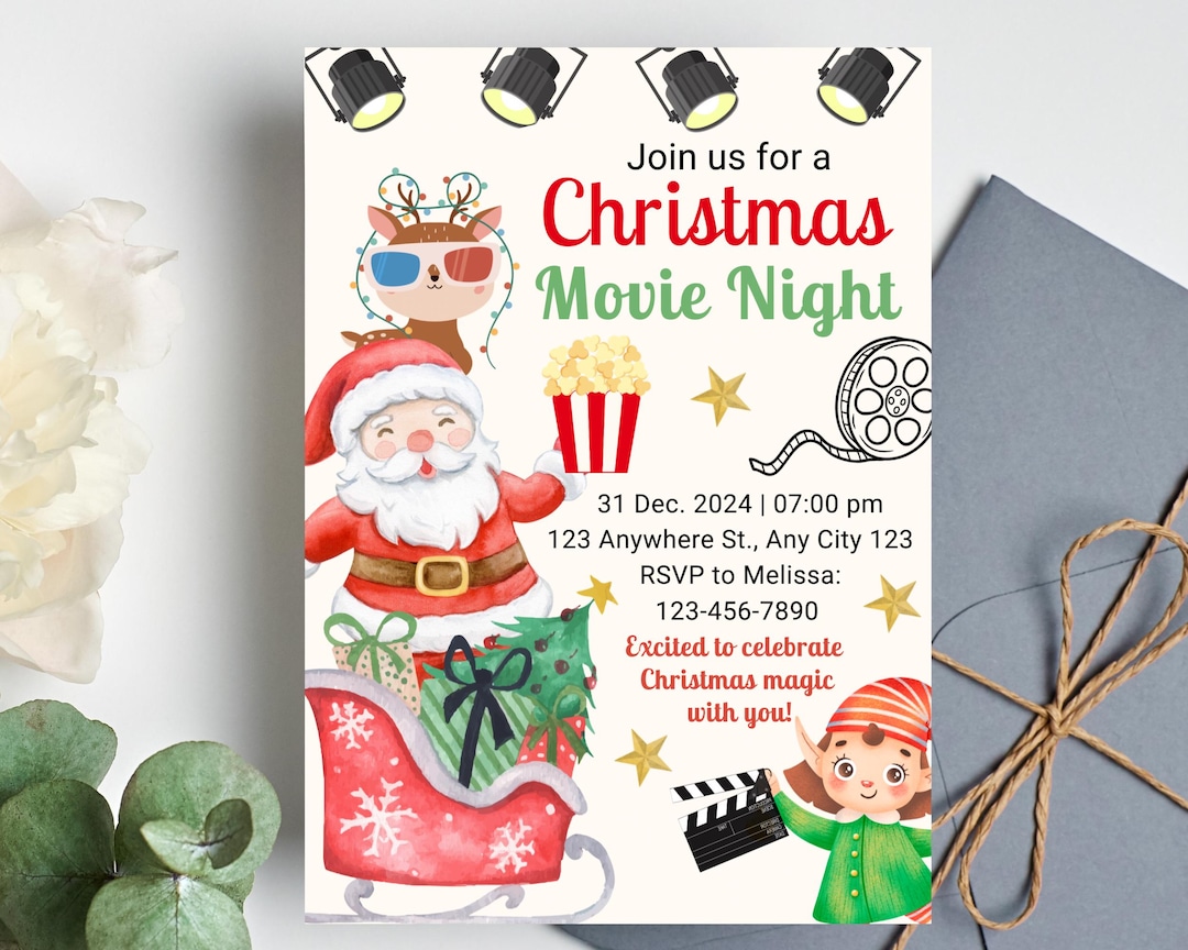 Editable Christmas Movie Night Invitation: Holiday Matinee Party ...