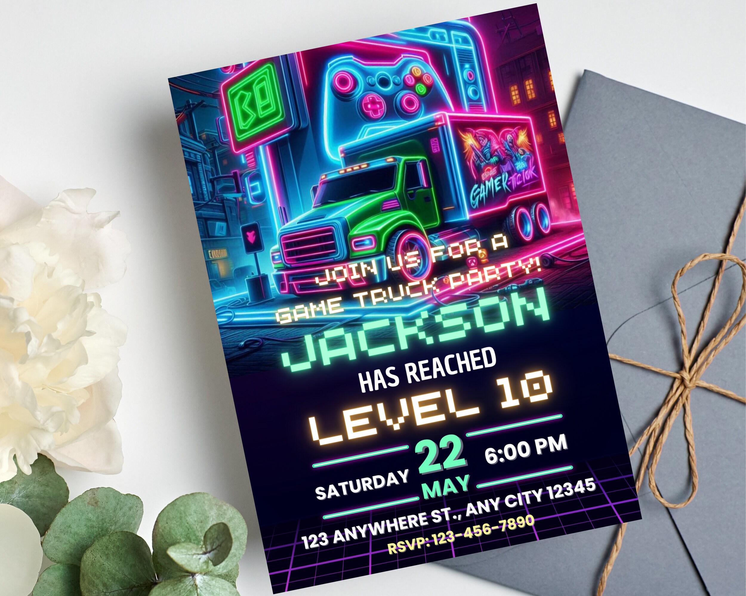 Video Game Truck Birthday Invitation, Printable Neon Gamer Truck Party ...