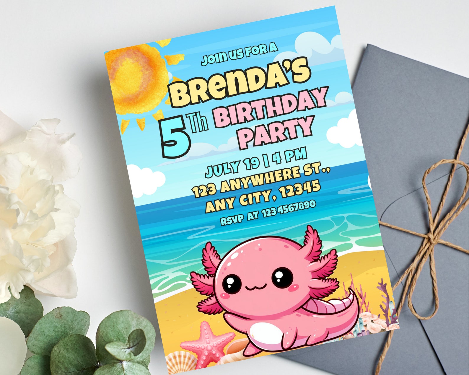 Axolotl Birthday Invitation: Editable Pink Party Invite (digital ...
