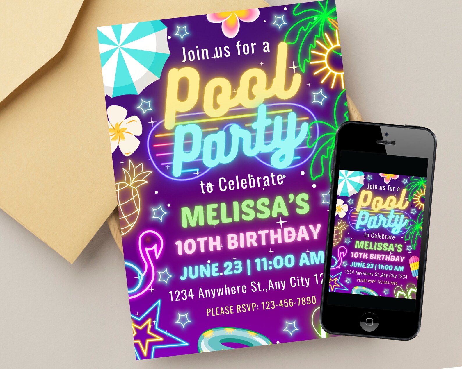Neon Pool Party Birthday Invitation: Editable Waterslide Invite ...