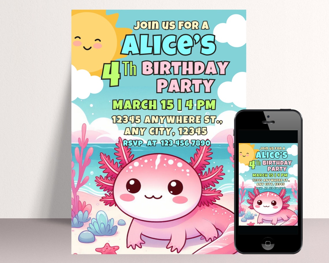 Axolotl Birthday Invitation, Editable Axolotl Birthday Invitation ...