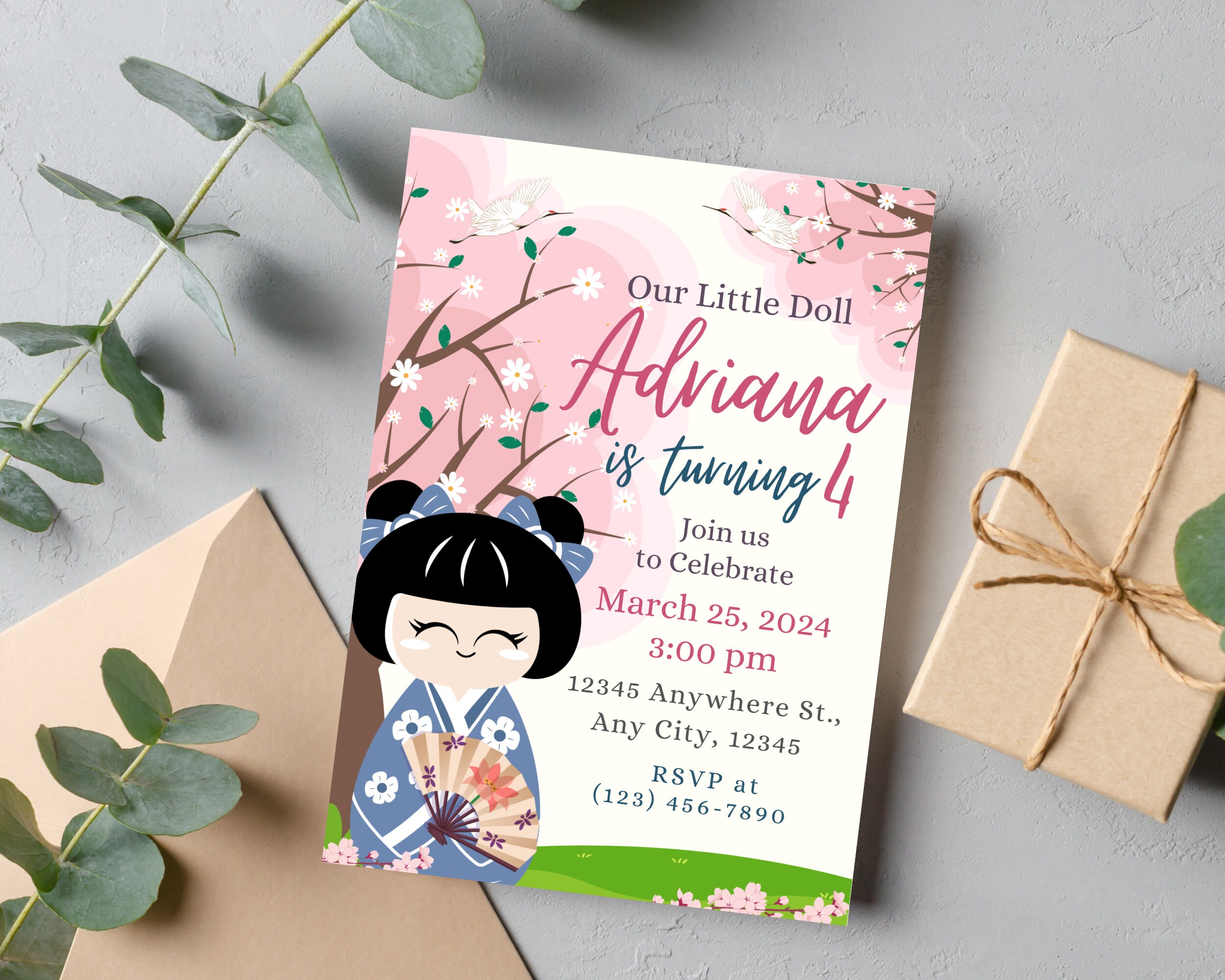 Japanese Doll Birthday Invitation, Kokeisha Doll Invitation, Editable ...