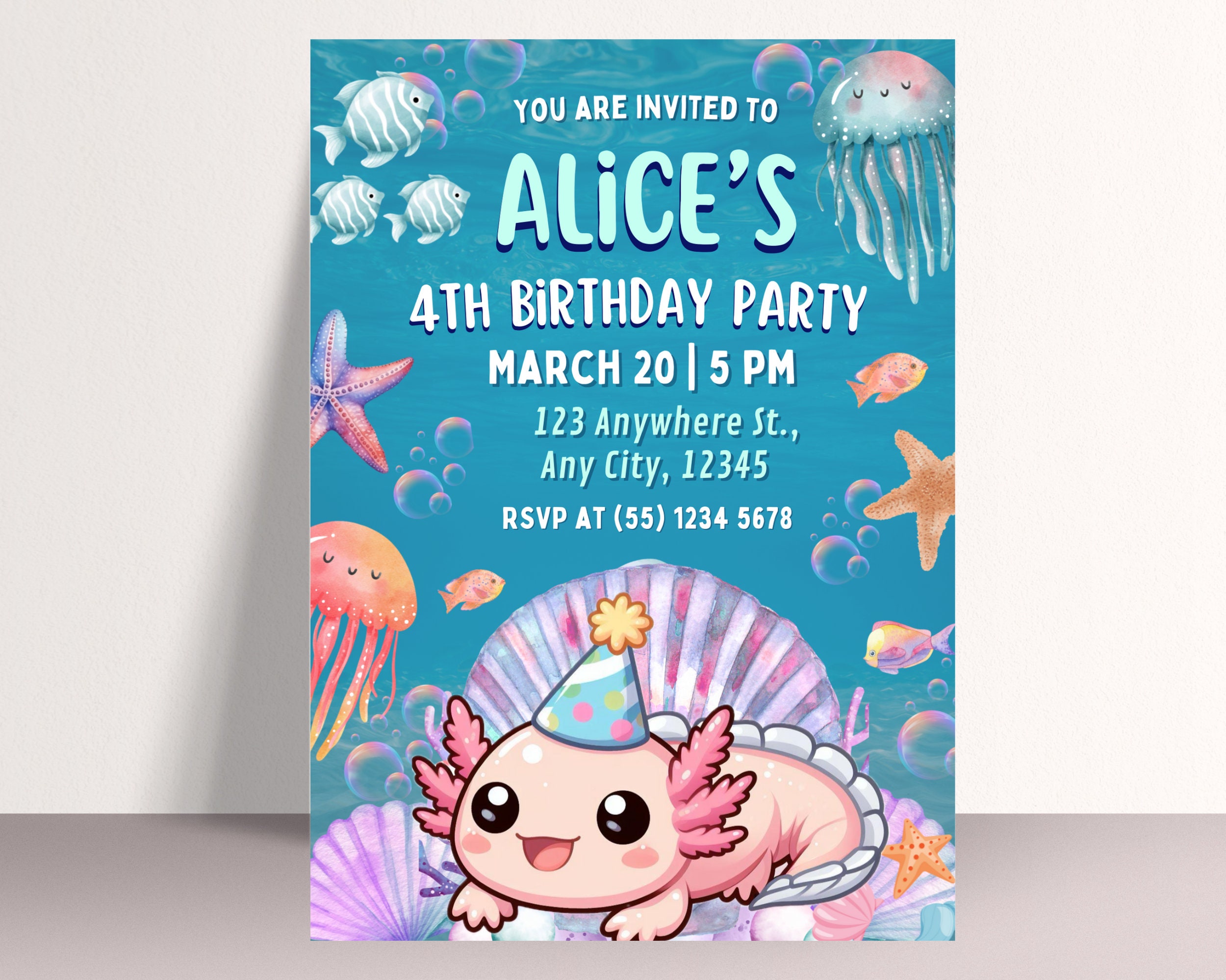 Axolotl Birthday Invitation, Editable Axolotl Birthday Party Template ...