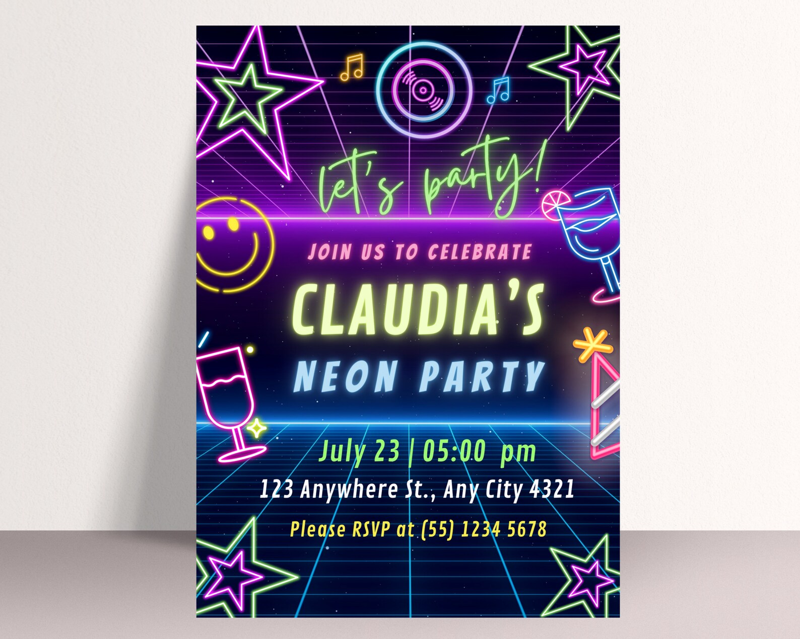 Neon Birthday Party Invitation, Editable Neon Glow Party Invite ...