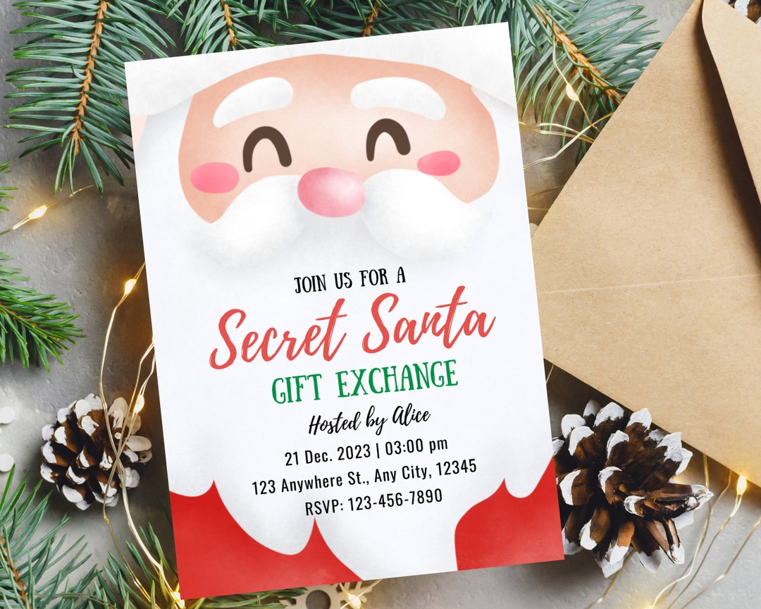 Secret Santa Christmas Party Invitation, Gift Exchange Christmas Party Printable Invite Template ...