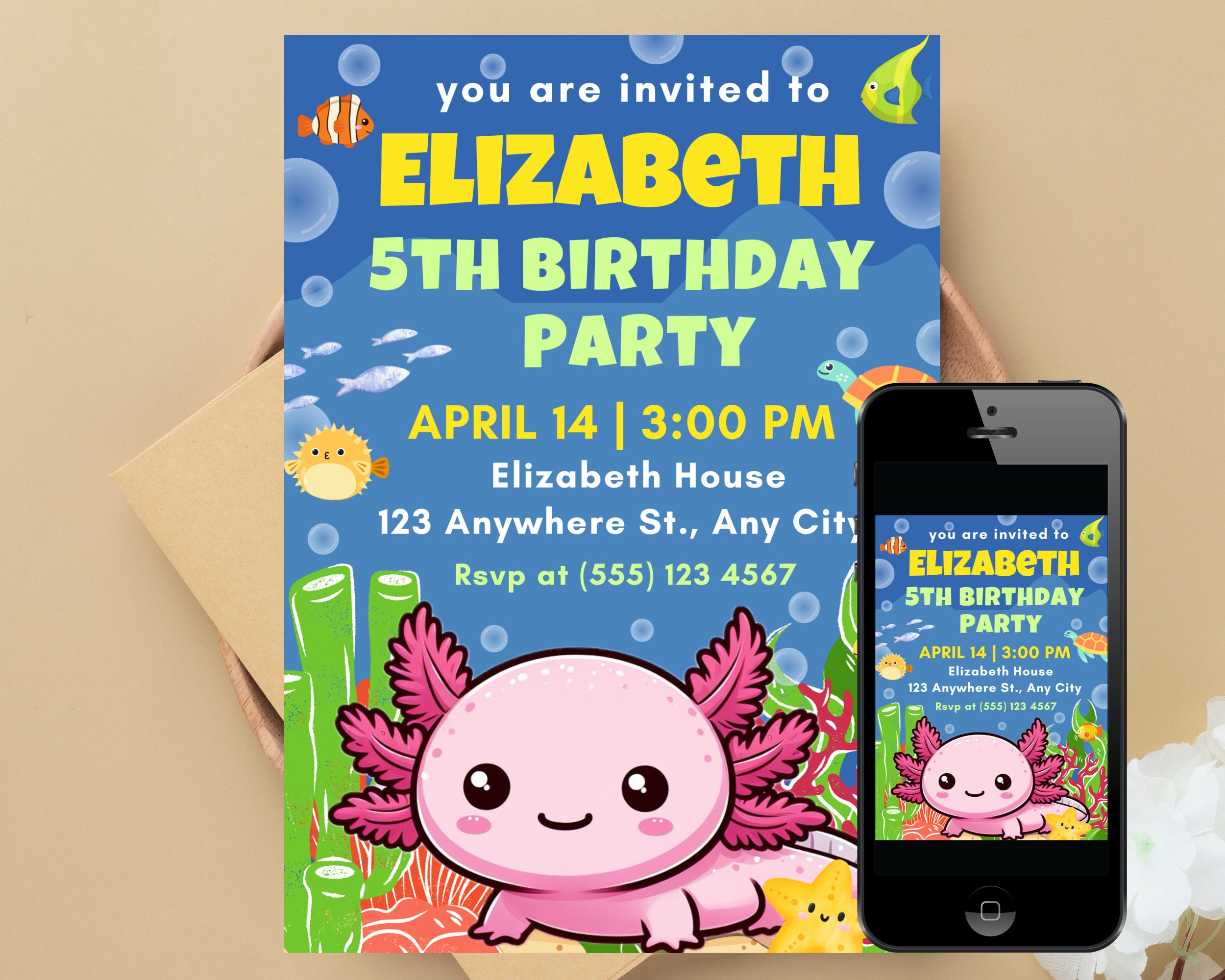 Axolotl Birthday Invitation, Editable Axolotl Birthday Invitation ...