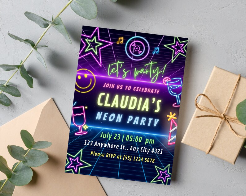 Editable Neon Birthday Party Invitation Template (digital Download) - Etsy