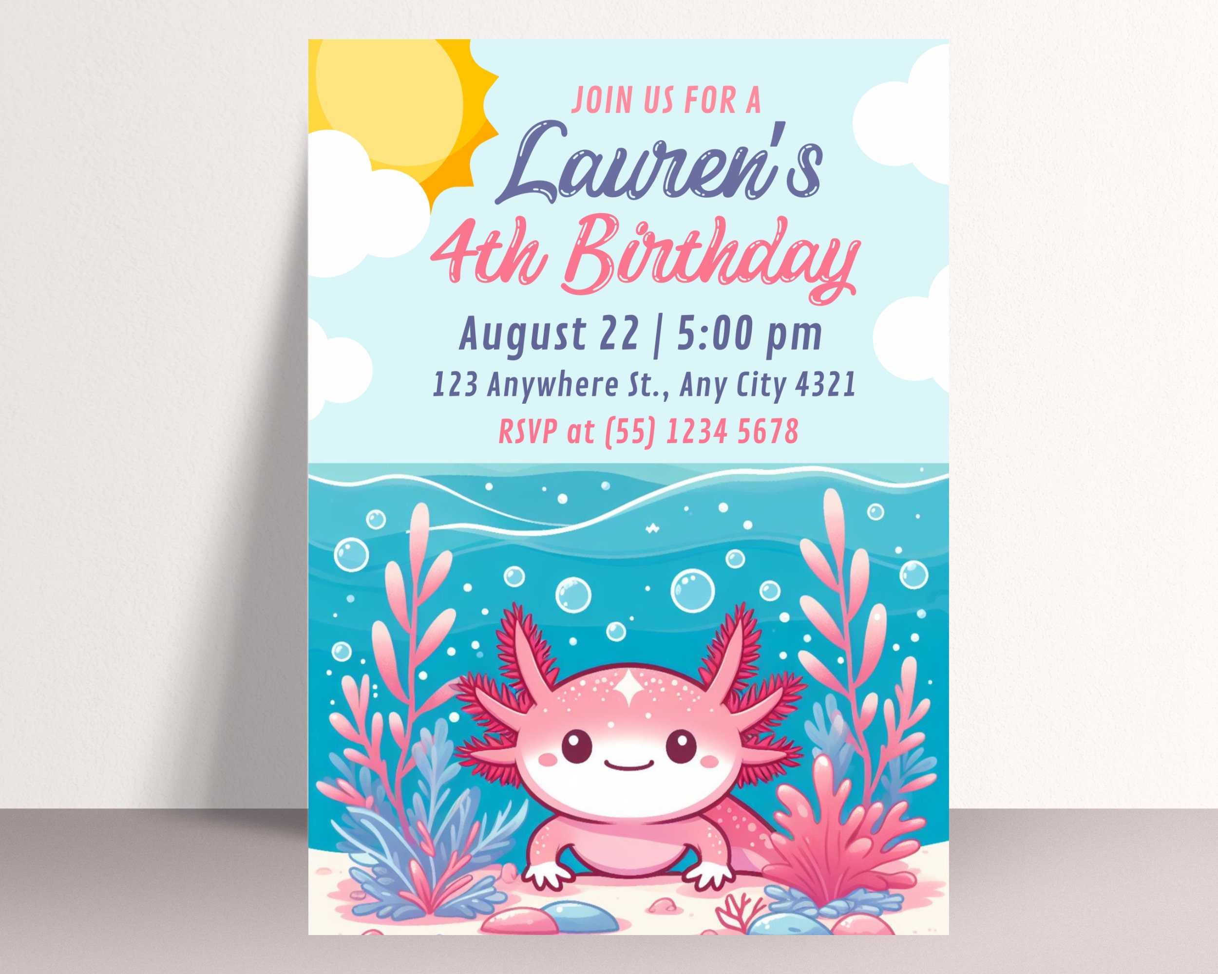 Axolotl Birthday Invitation, Editable Axolotl Birthday Party Template ...