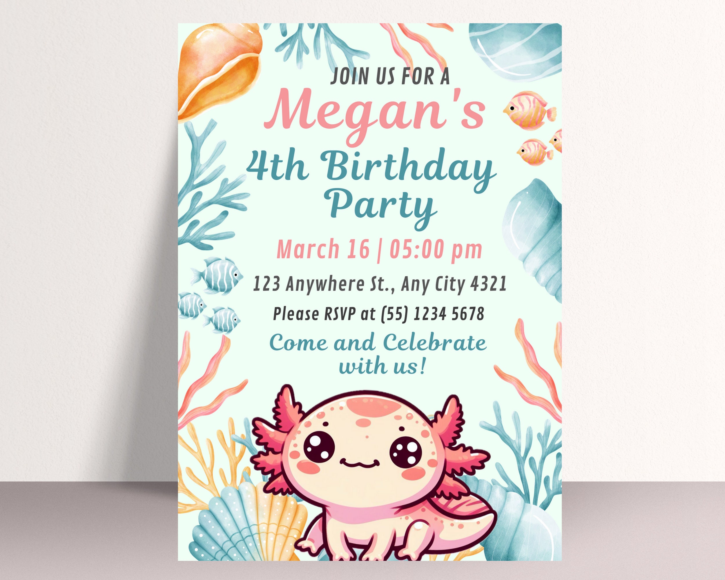Axolotl Birthday Invitation, Editable Baby Axolotl Birthday Invitation ...