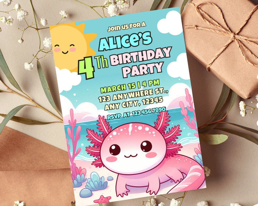 Axolotl Birthday Invitation, Editable Axolotl Birthday Invitation ...