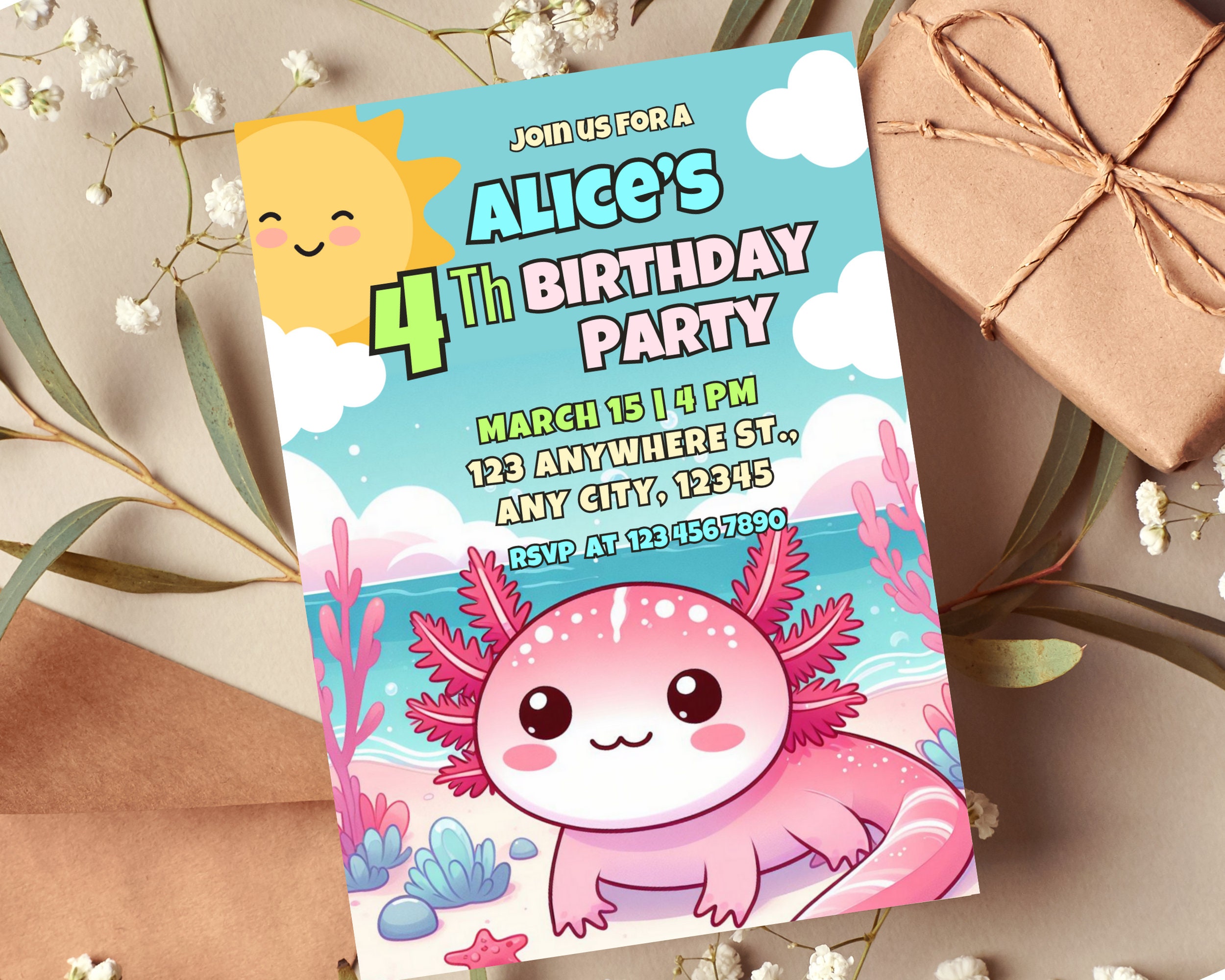 Axolotl Birthday Invitation, Editable Axolotl Birthday Invitation ...