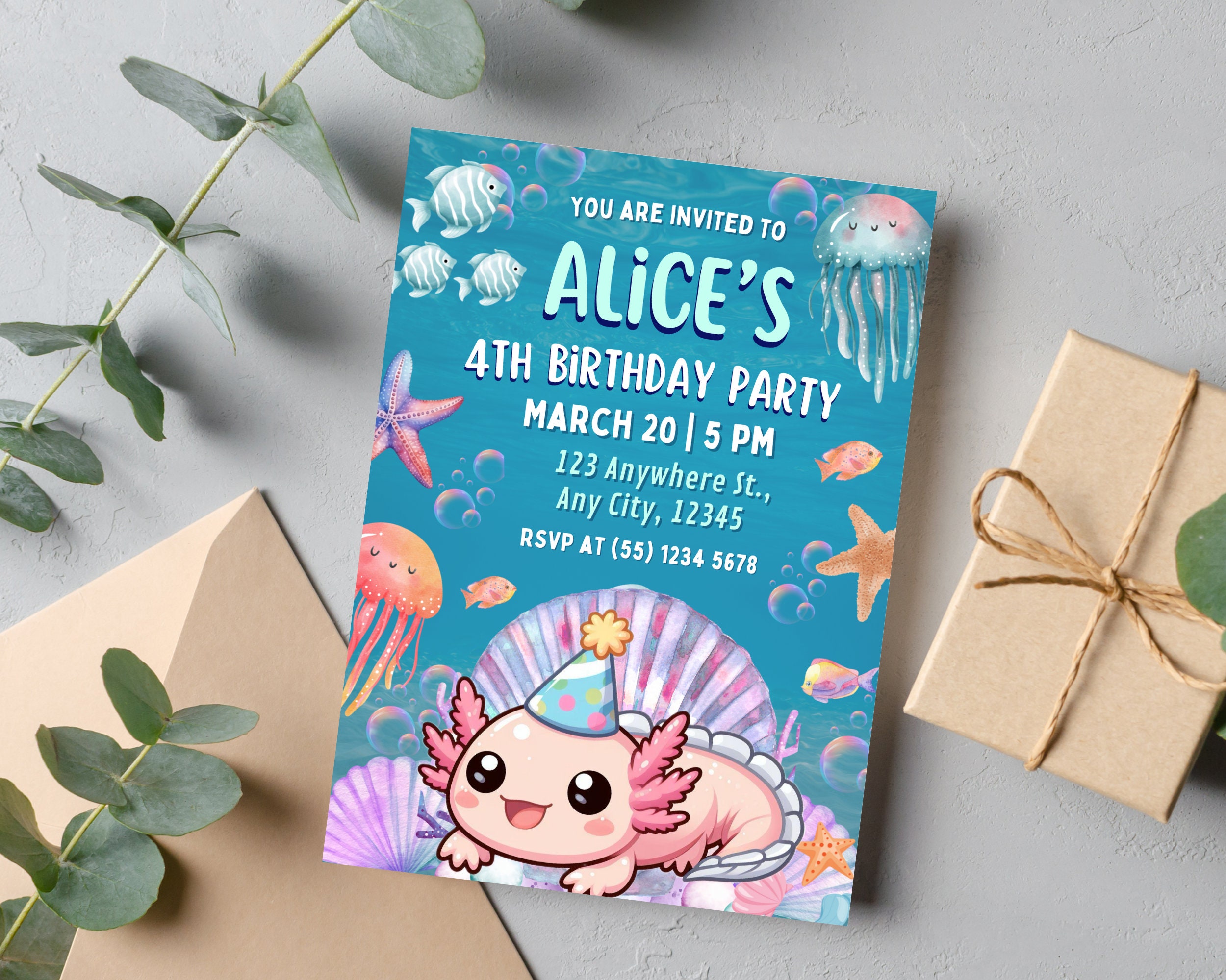 Axolotl Birthday Invitation, Editable Axolotl Birthday Party Template ...