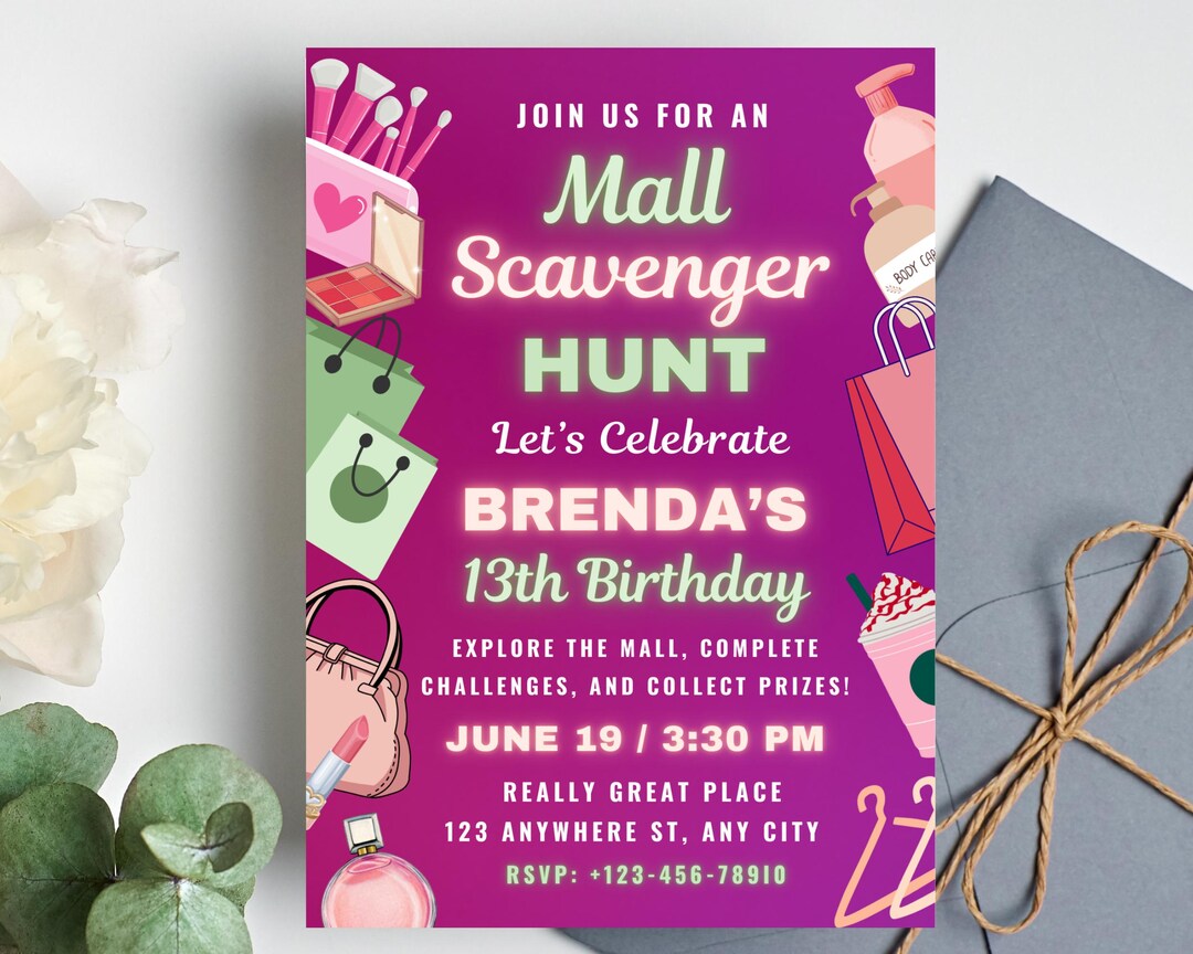 Mall Scavenger Hunt Birthday Invitation: Editable Teen Party Invite (canva Print Design) - Etsy