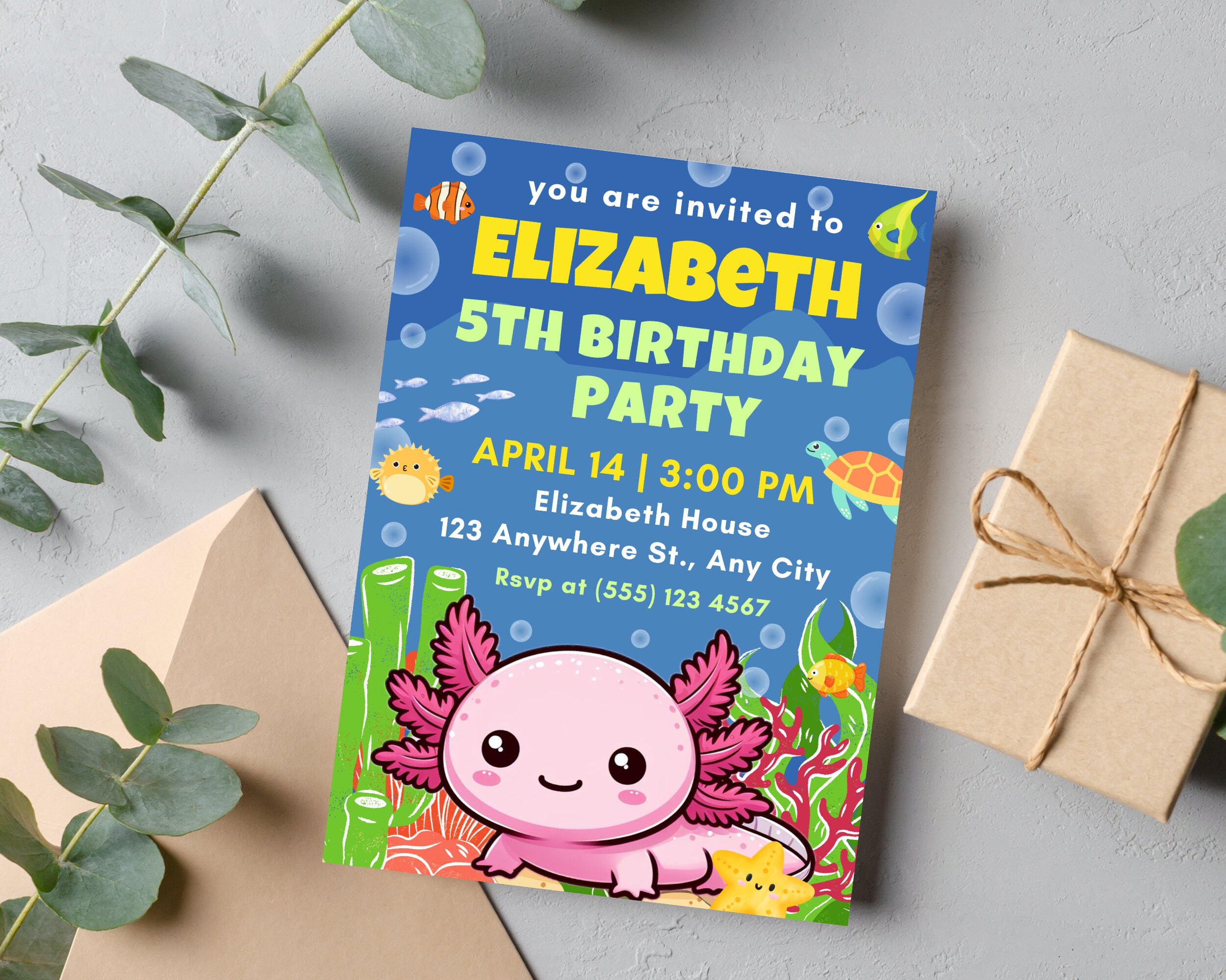 Axolotl Birthday Invitation, Editable Axolotl Birthday Invitation ...