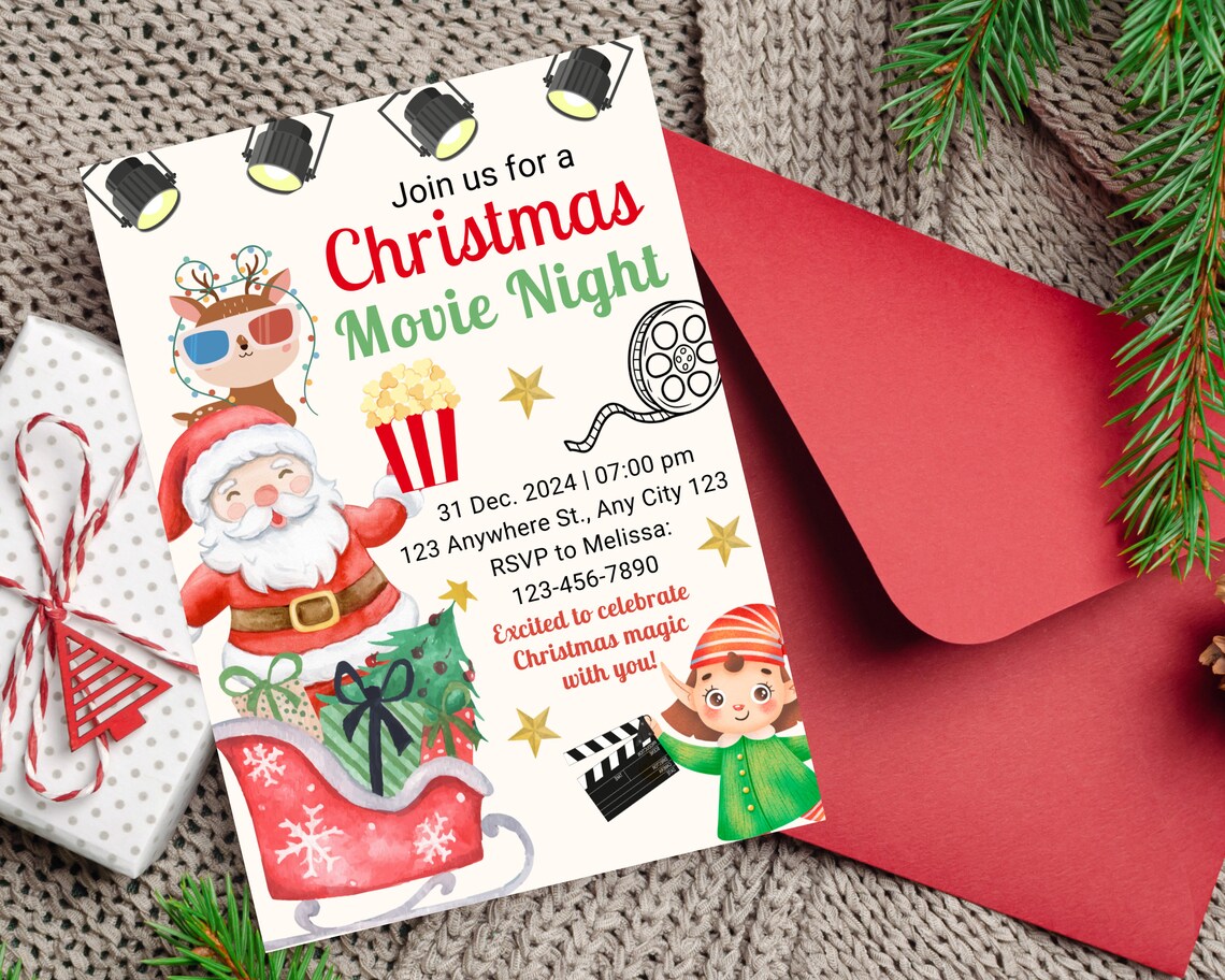 Editable Christmas Movie Night Invitation: Holiday Matinee Party ...