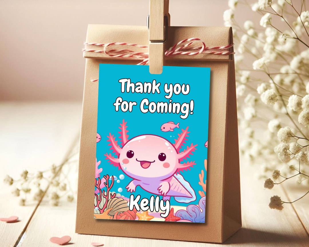 Axolotl Thank You Tags, Girl Axolotl Favor Tags, Axolotl Birthday Party ...