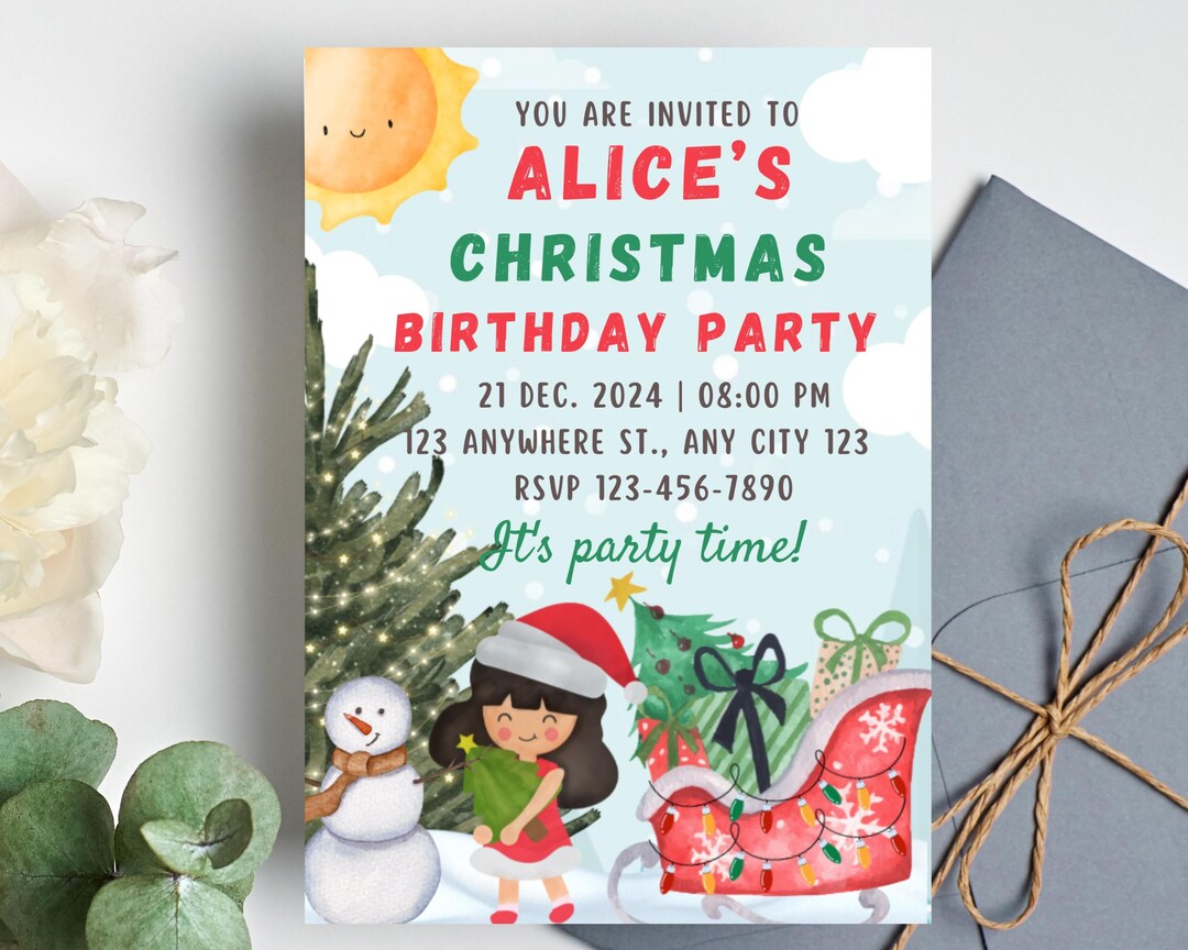 Christmas Birthday Party Invitation: Girl's Printable Invite (editable ...