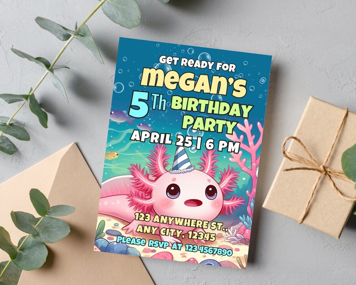 Axolotl Birthday Party Invitation, Editable Axolotl Birthday Party ...