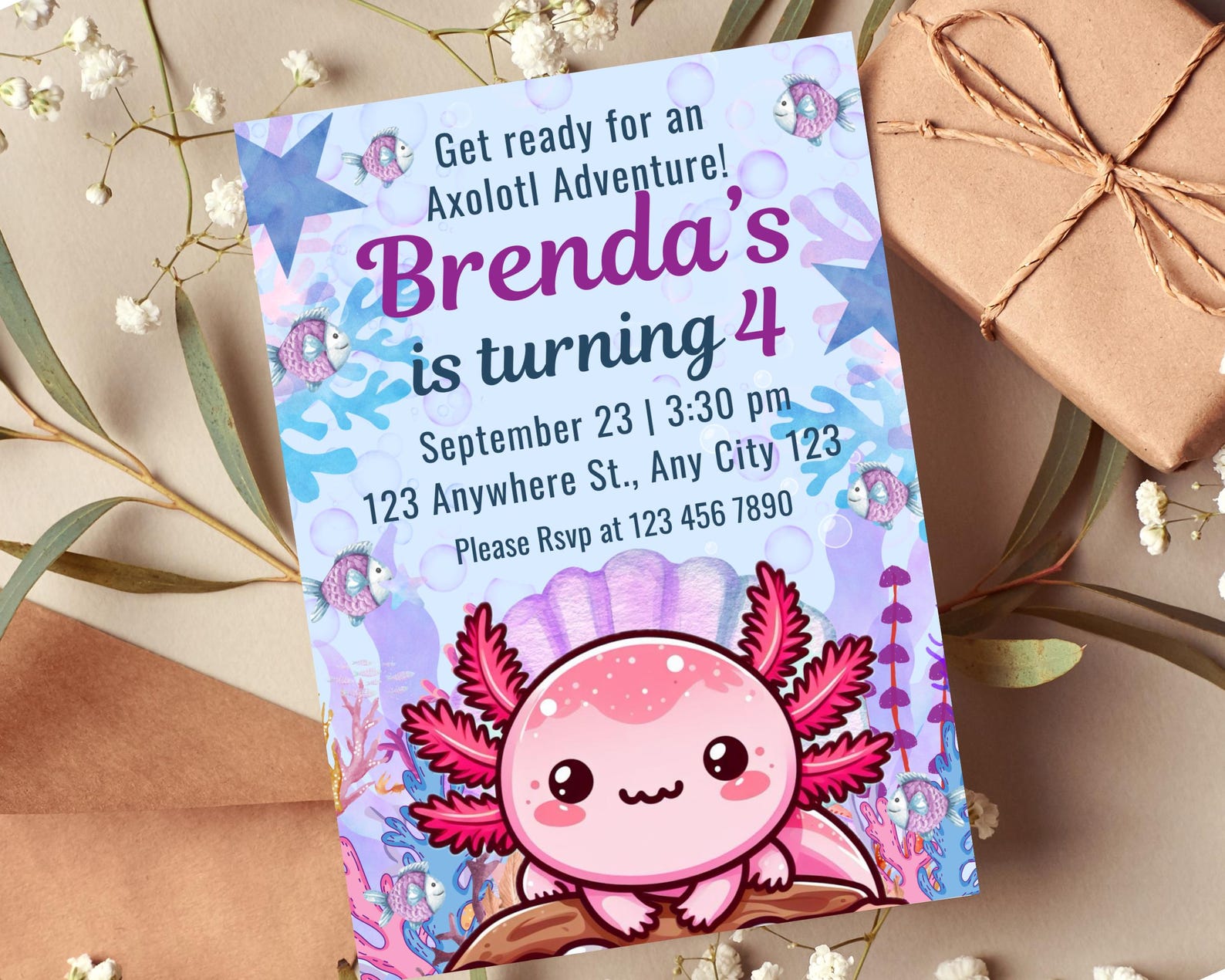Axolotl Birthday Party Invitation, Editable Axolotl Birthday Party ...