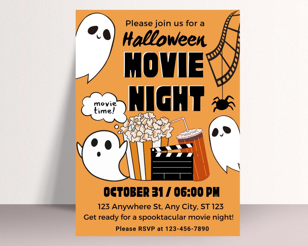 Halloween Movie Night Invitation, Editable Halloween Kids Movie Party ...