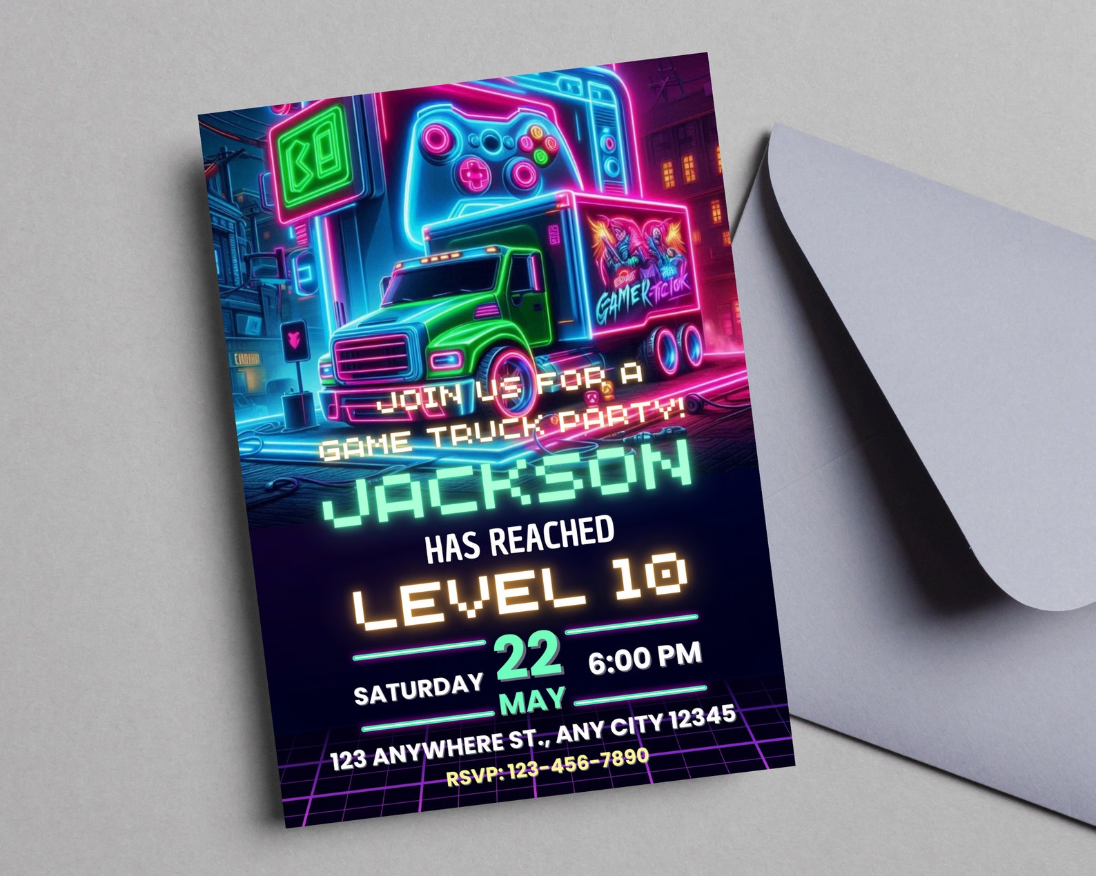 Video Game Truck Birthday Invitation, Printable Neon Gamer Truck Party ...