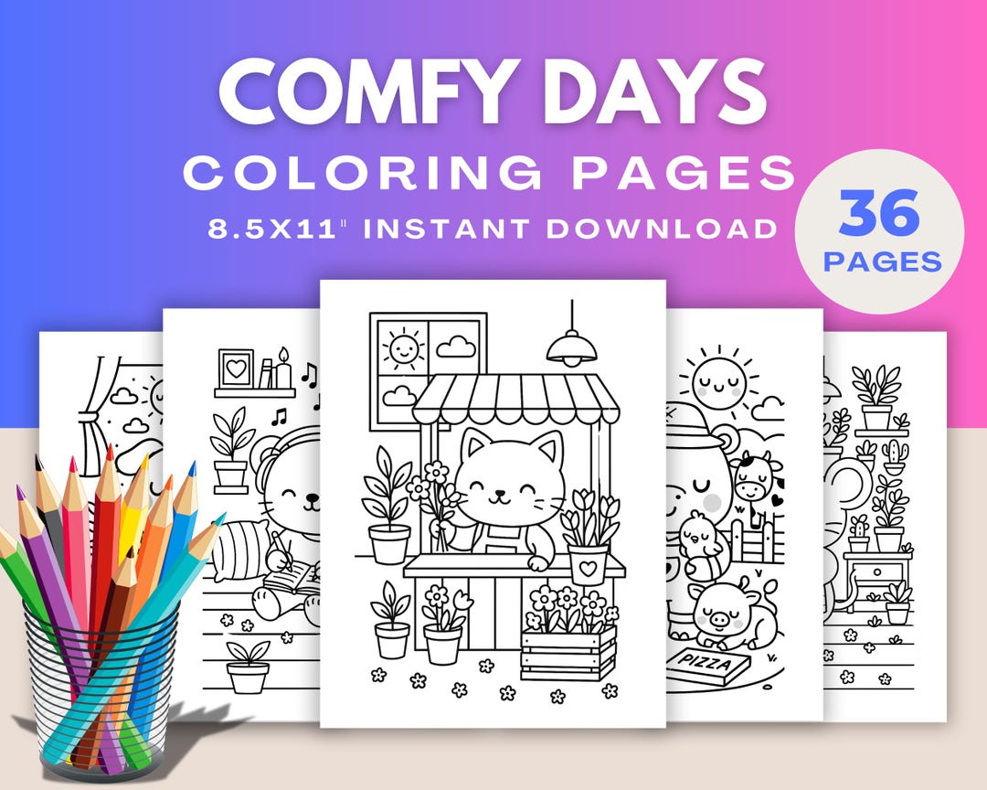 36 Animals Comfy Days Coloring Pages, Printable Cute and Cozy Animal ...