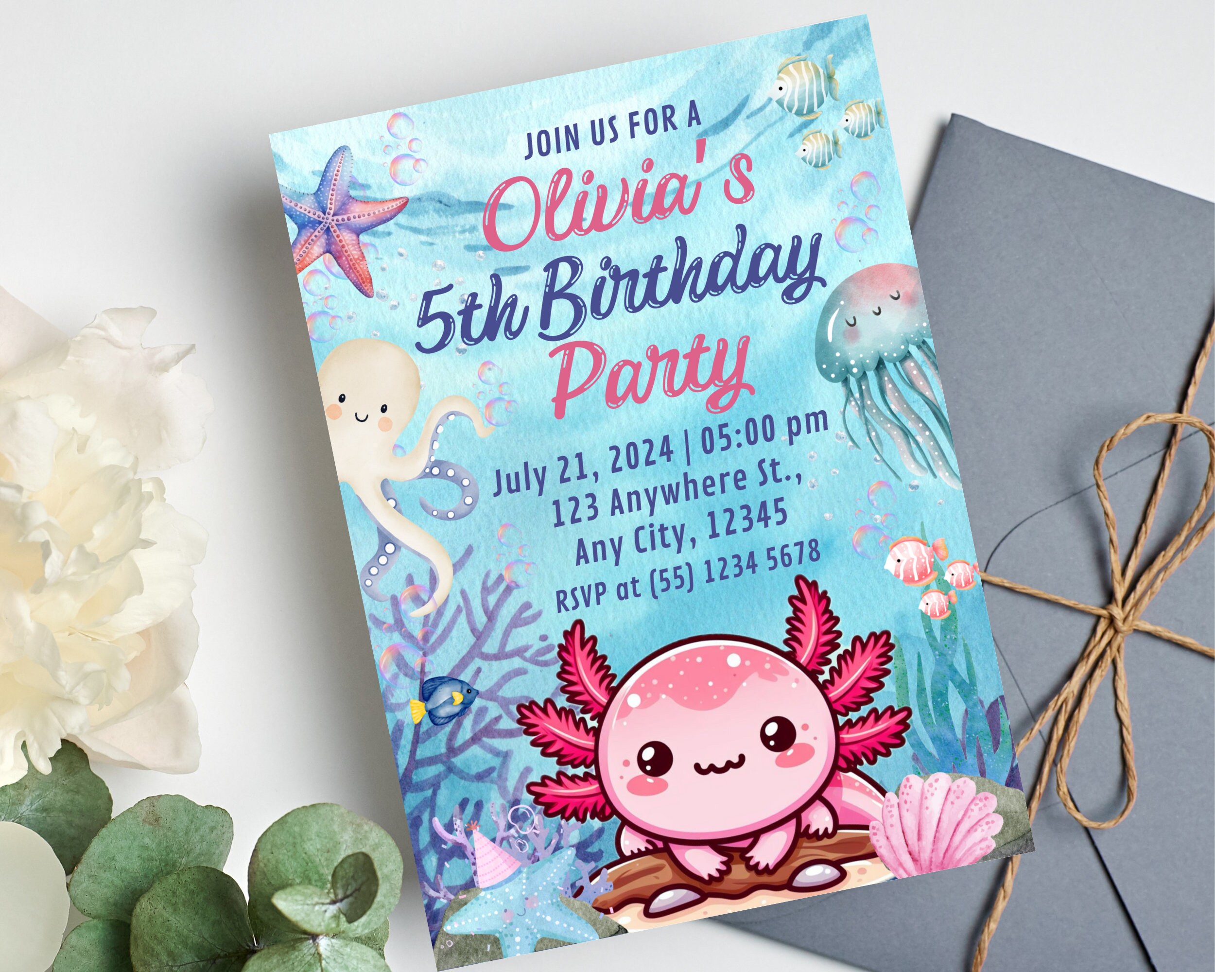 Axolotl Birthday Invitation: Editable Pink Party Invite (digital) - Etsy
