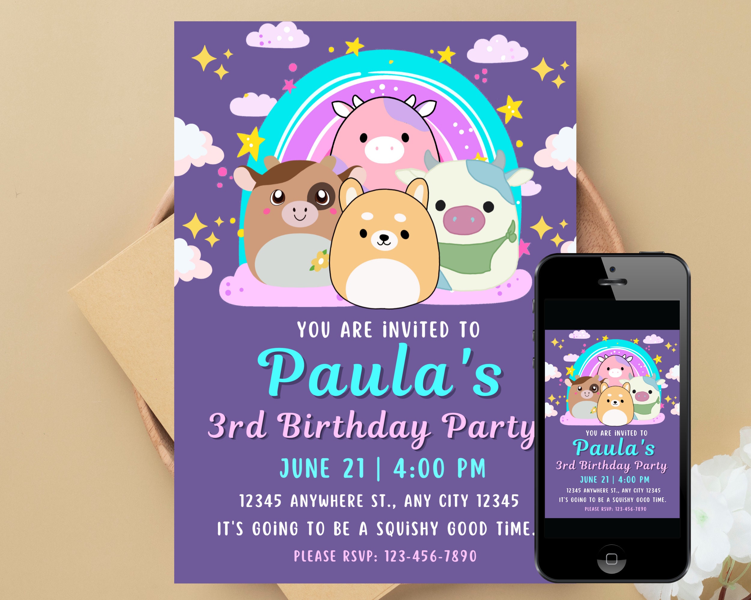 Squishmallow Birthday Invitation: Editable Squishy Theme (digital ...