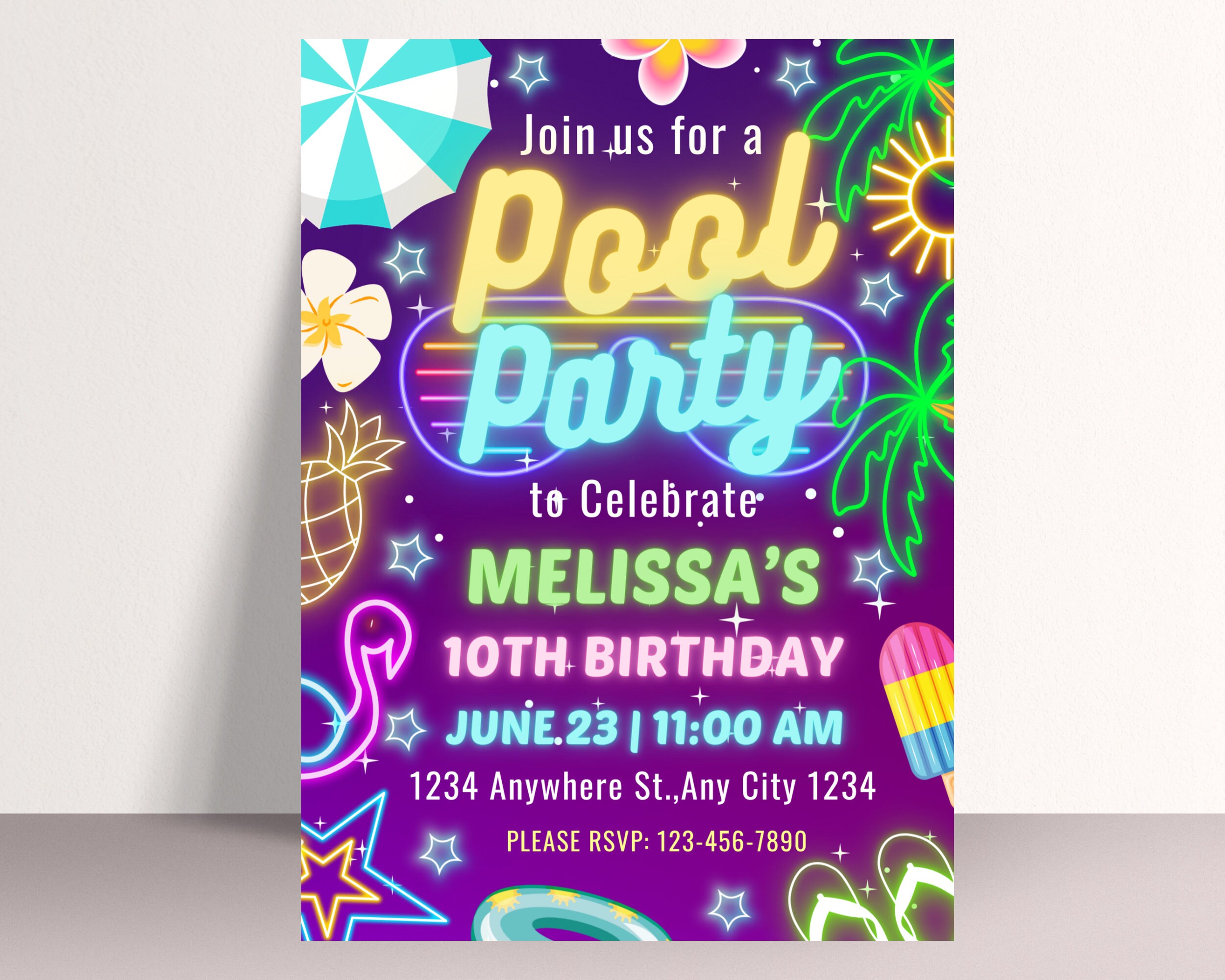 Neon Pool Party Birthday Invitation: Editable Waterslide Invite ...