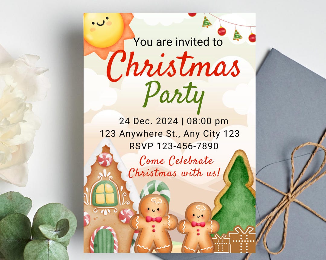 Gingerbread Christmas Party Invitation: Editable Template (digital ...