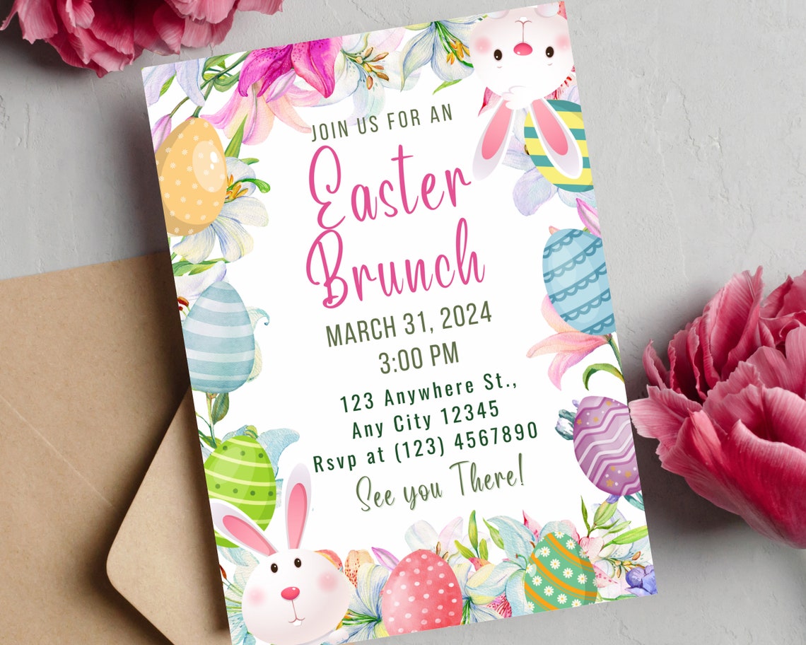Easter Brunch Invitation, Editable Easter Floral Bunny Brunch ...