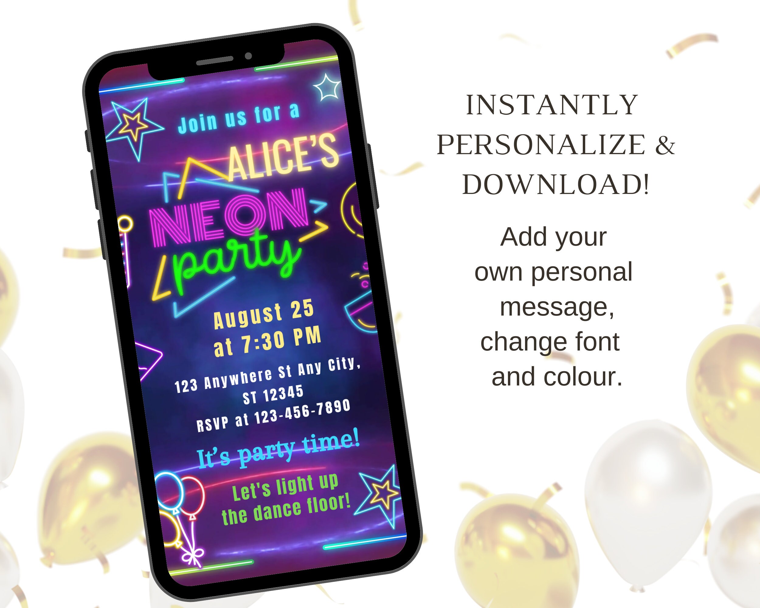 Neon Birthday Party Video Invitation: Editable Animated Template (canva ...