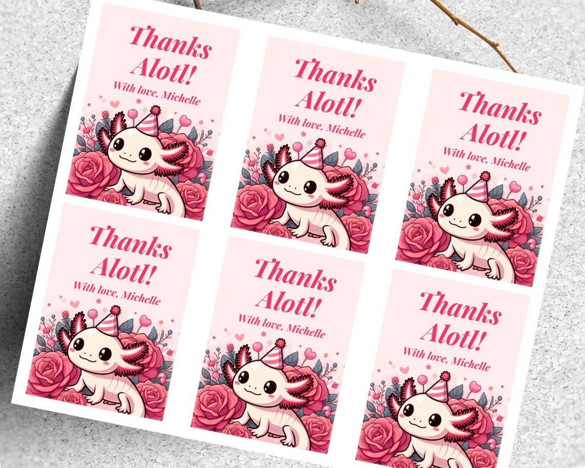 Axolotl Thank You Tags, Girl Axolotl Favor Tags, Axolotl Birthday Party ...