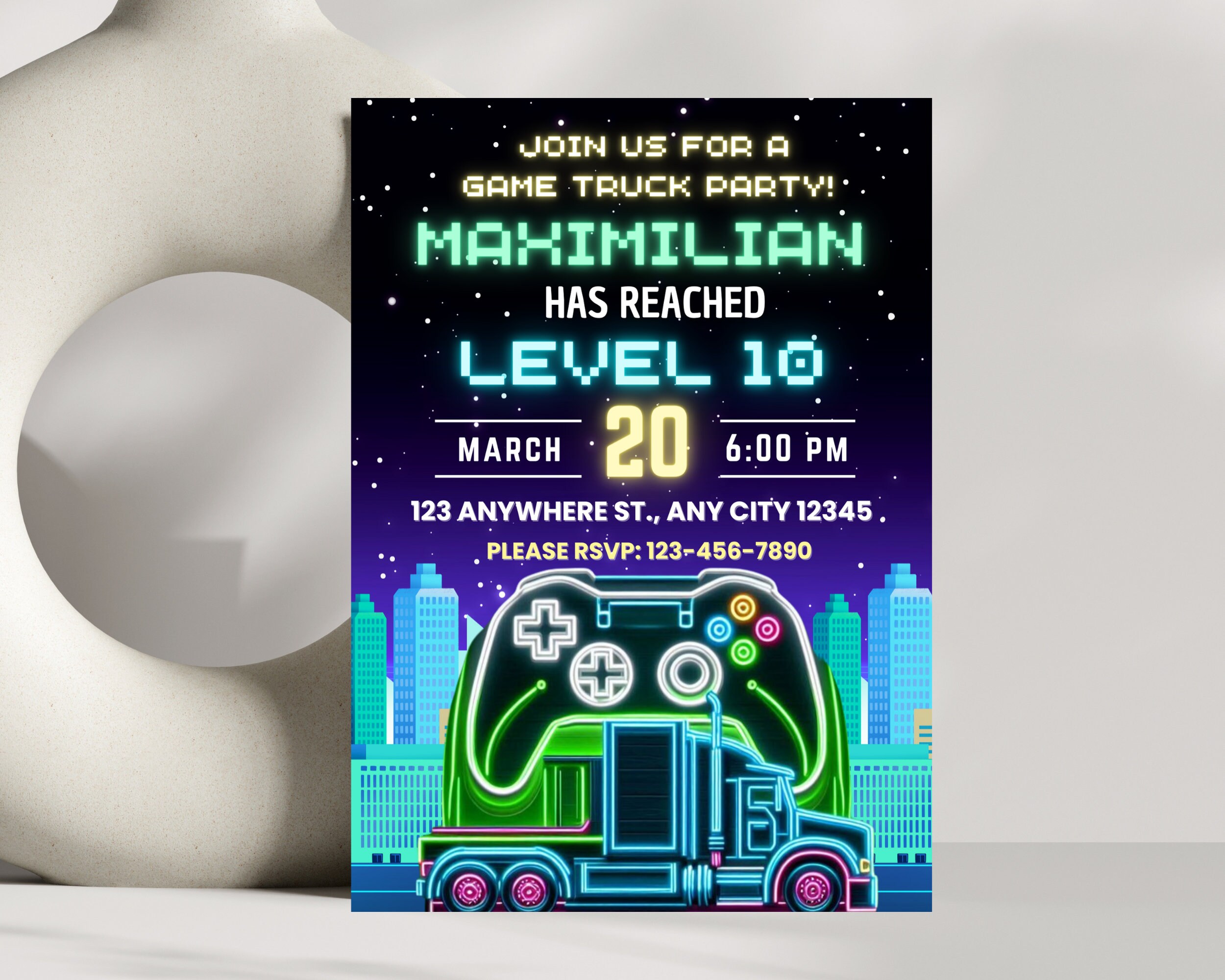 Video Game Truck Birthday Invitation, Printable Neon Gamer Truck Party ...