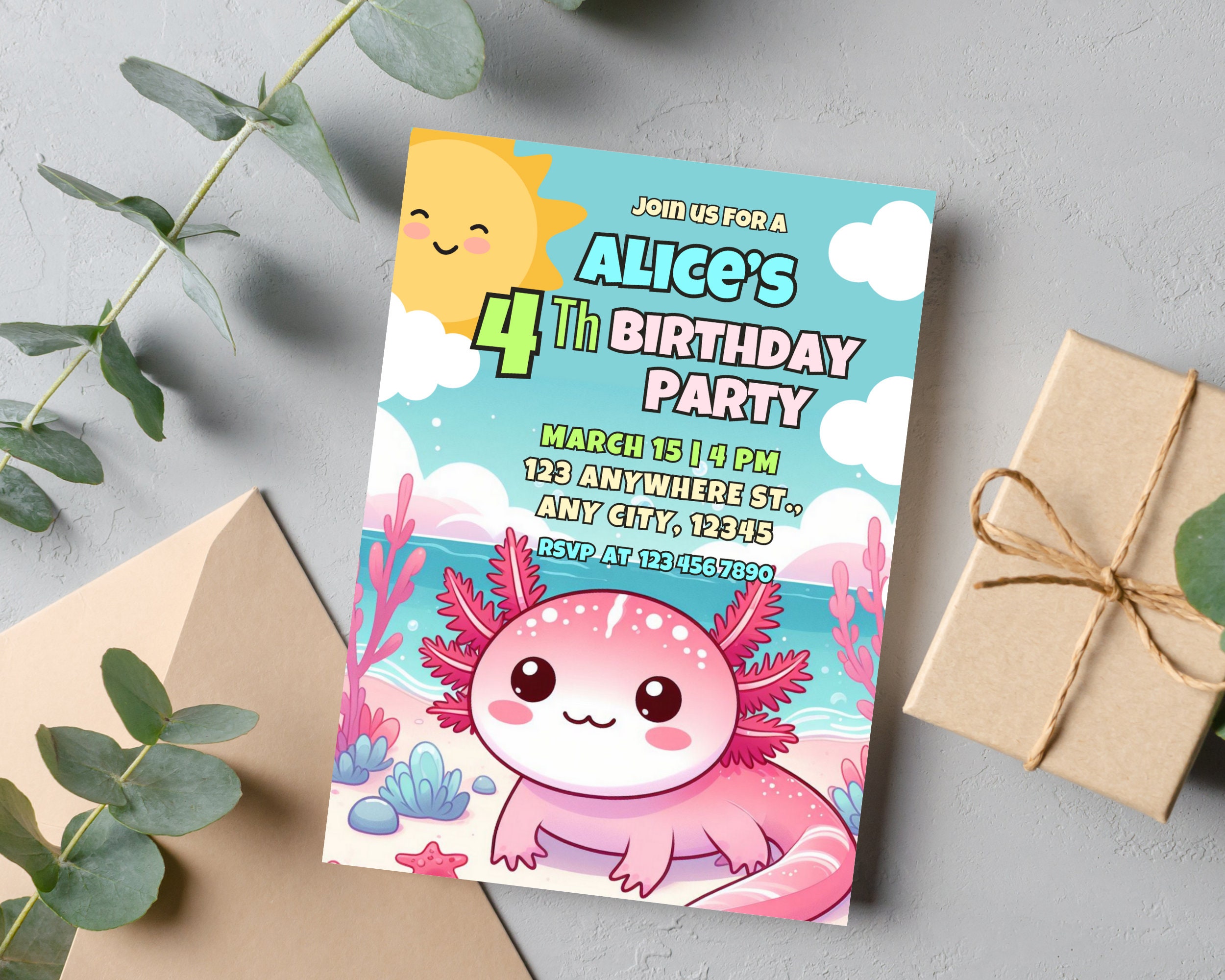 Axolotl Birthday Invitation, Editable Axolotl Birthday Invitation ...
