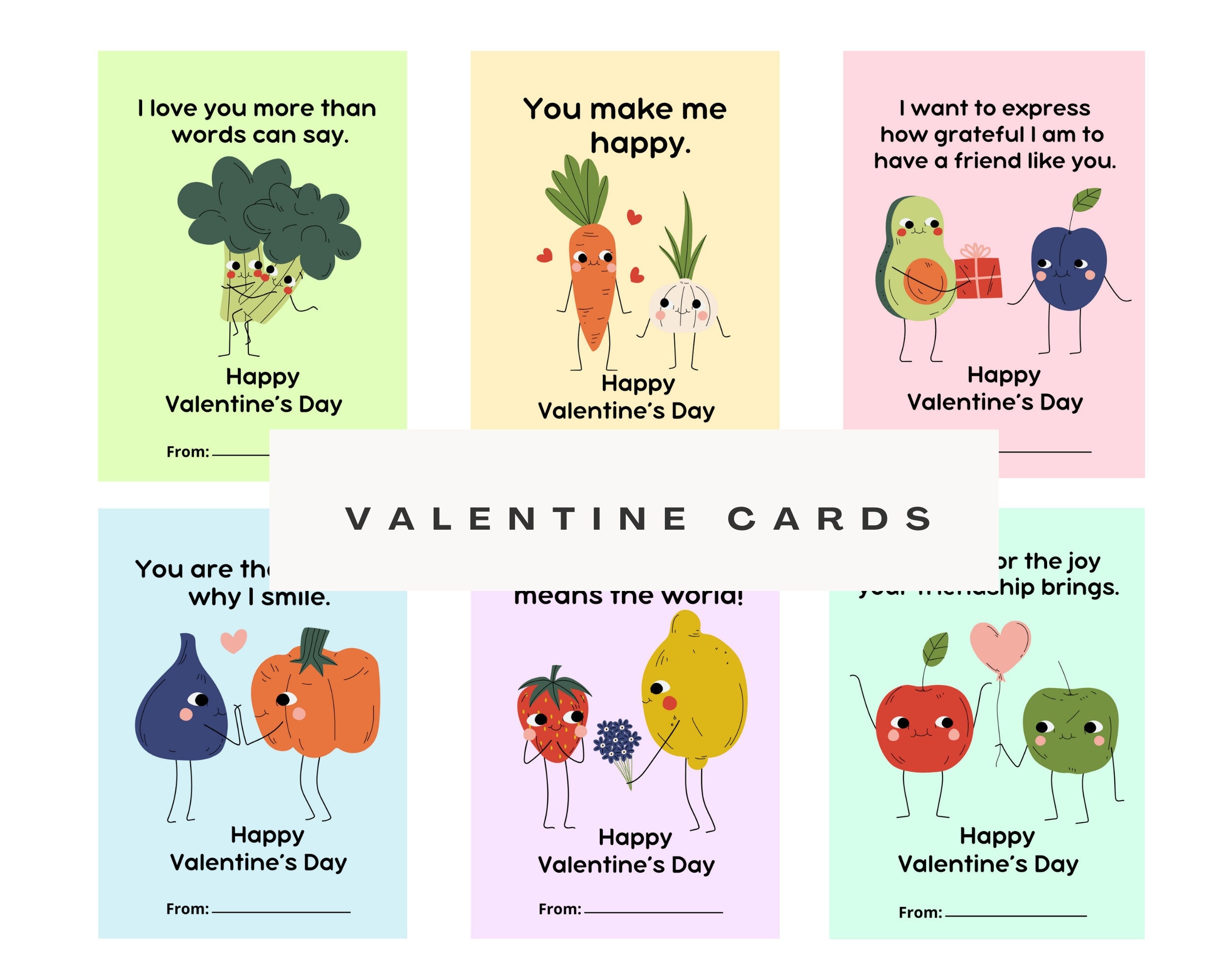 Vegetables Valentine's Day Cards, 6 Printable Food Valentines Cards ...