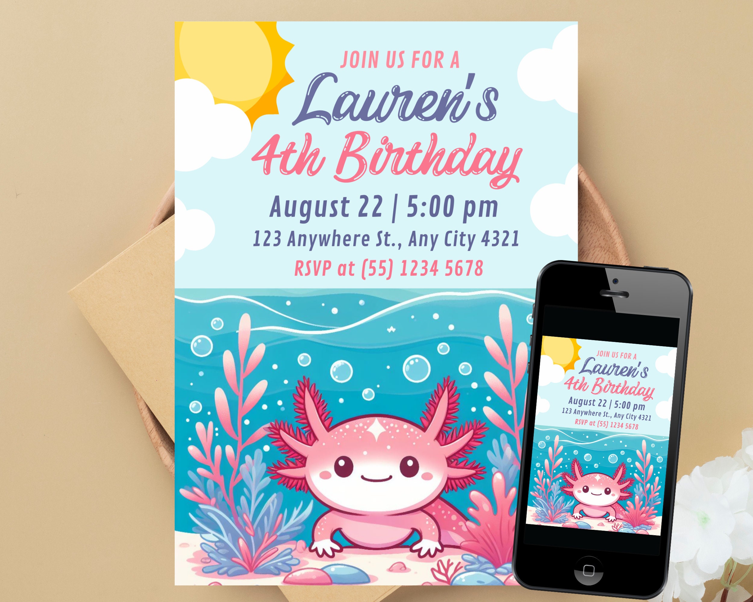 Axolotl Birthday Invitation, Editable Axolotl Birthday Party Template ...