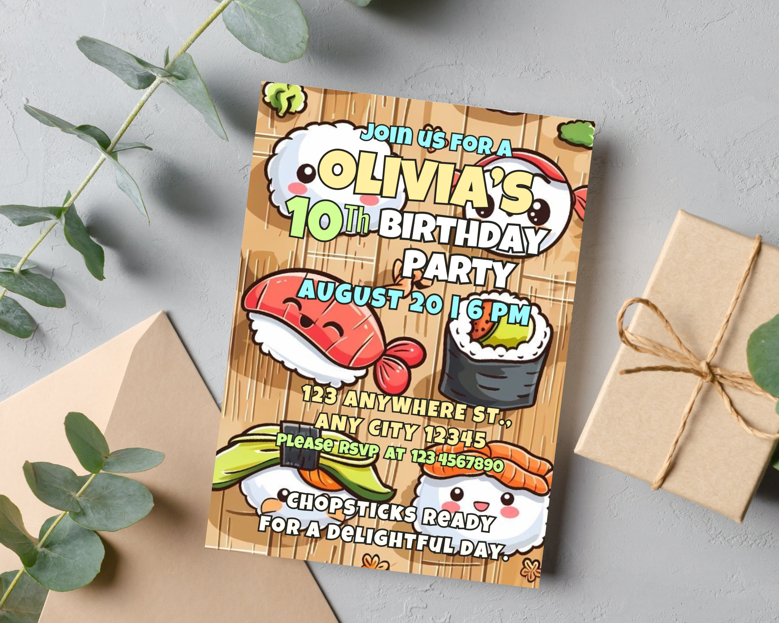 Kawaii Sushi Birthday Invitation: Editable Japanese Theme (digital ...