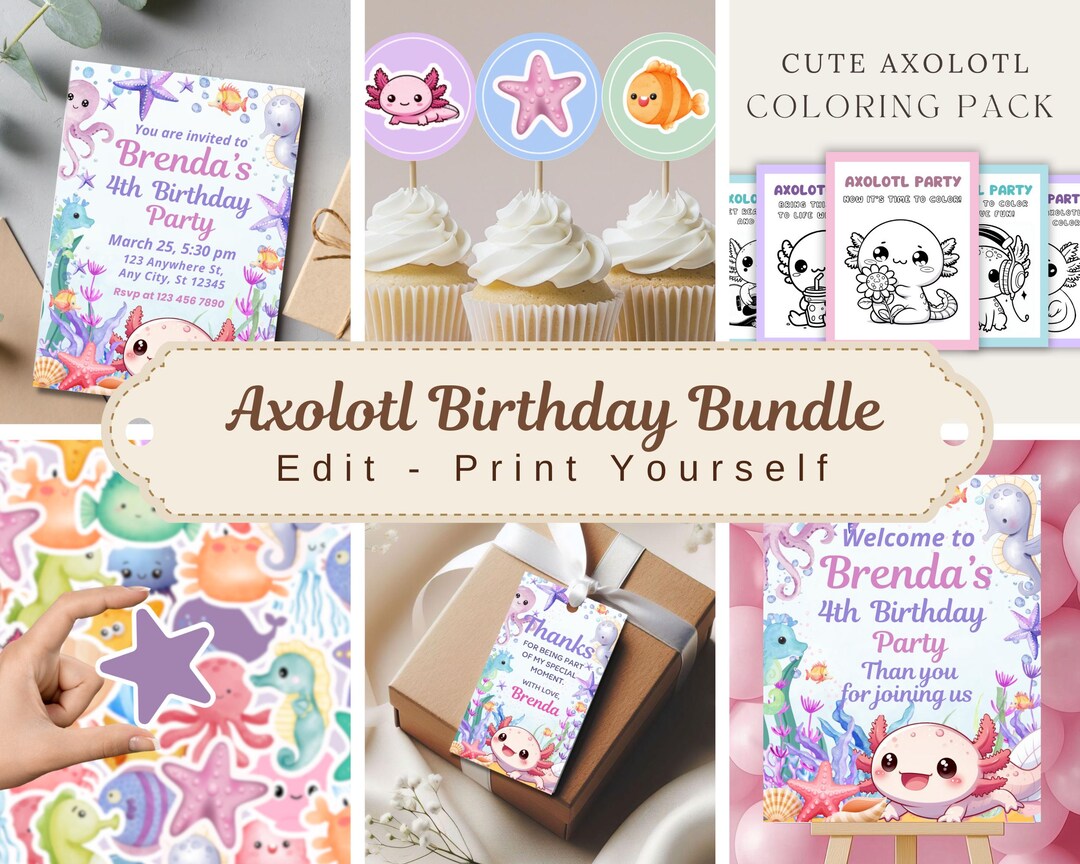 Axolotl Birthday Party Bundle: Printable Decor (editable) - Etsy