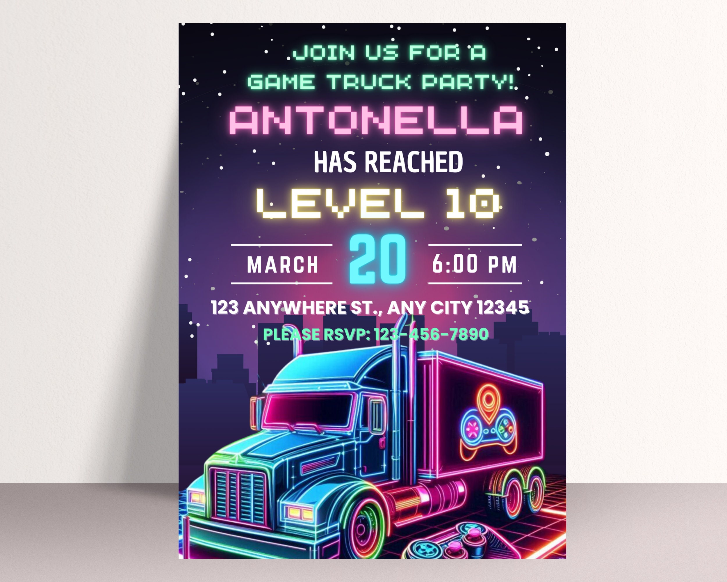 Video Game Truck Birthday Invitation, Printable Neon Gamer Truck Party ...