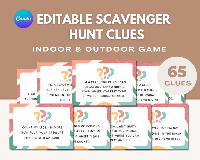 Editable Scavenger Hunt Game: 65 Riddle Clue Cards (digital Download ...