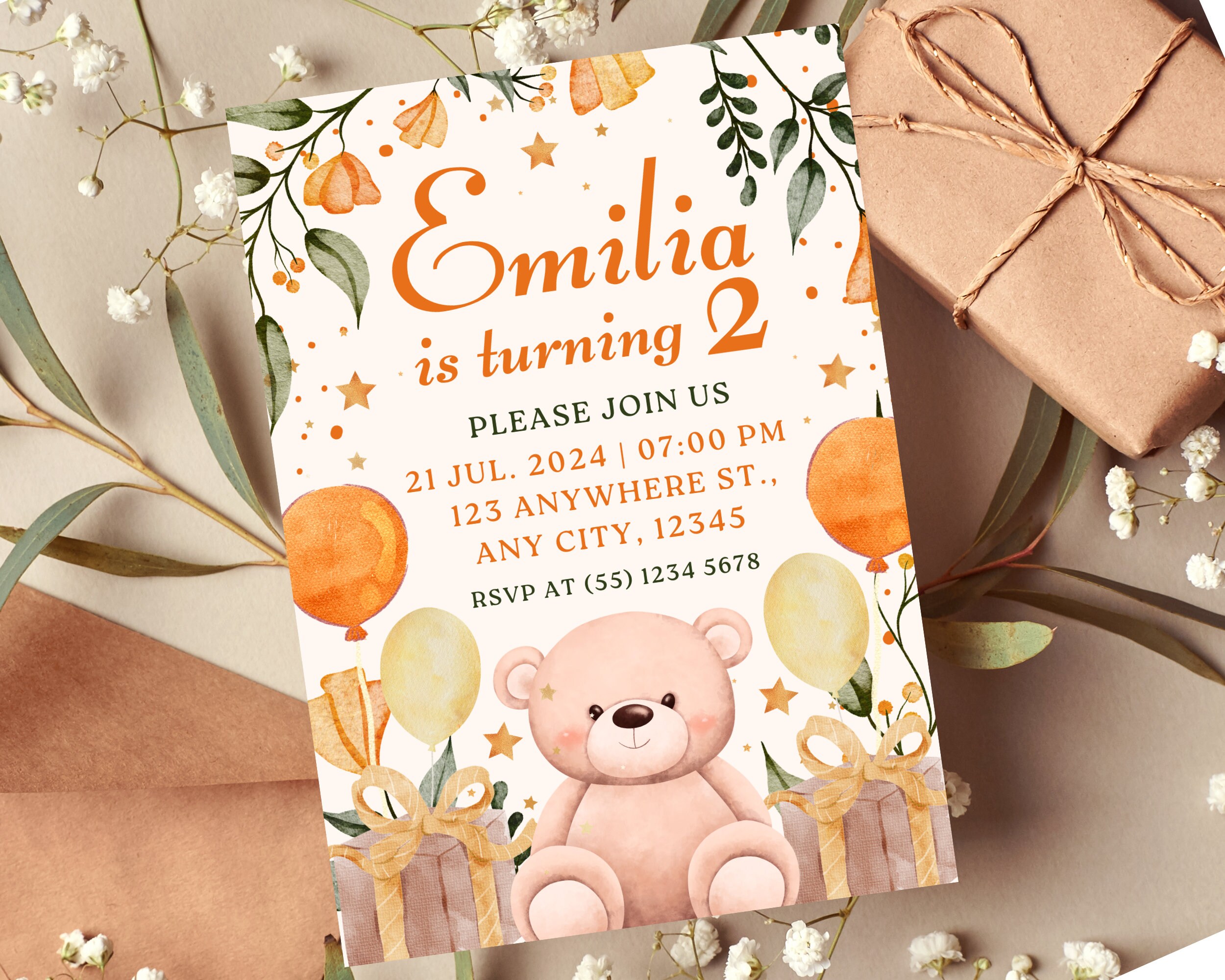 Editable Teddy Bear Birthday Invitation: Printable Party Invite (5x7 ...
