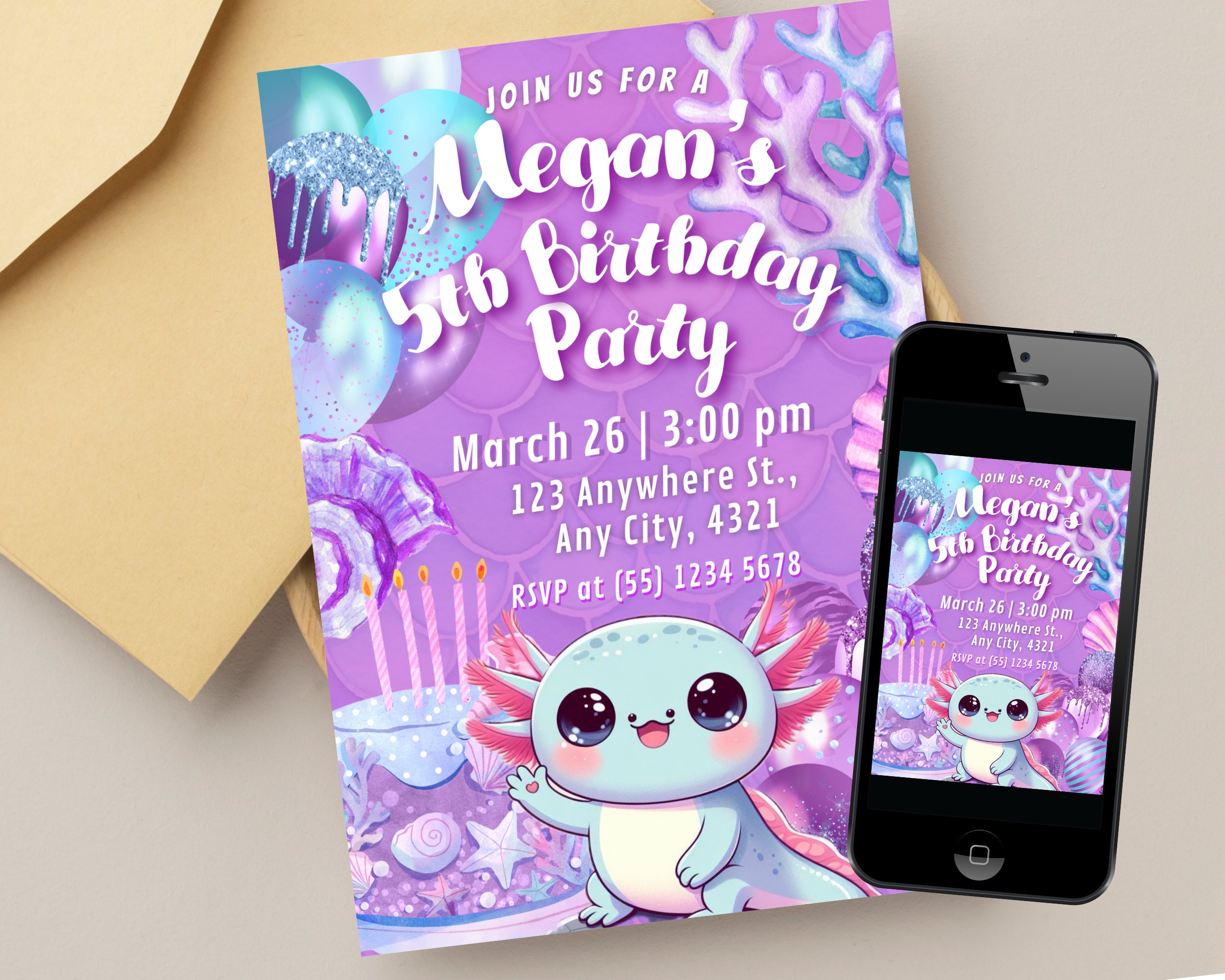 Invitación de cumpleaños de Axolotl, plantilla de fiesta de cumpleaños ...