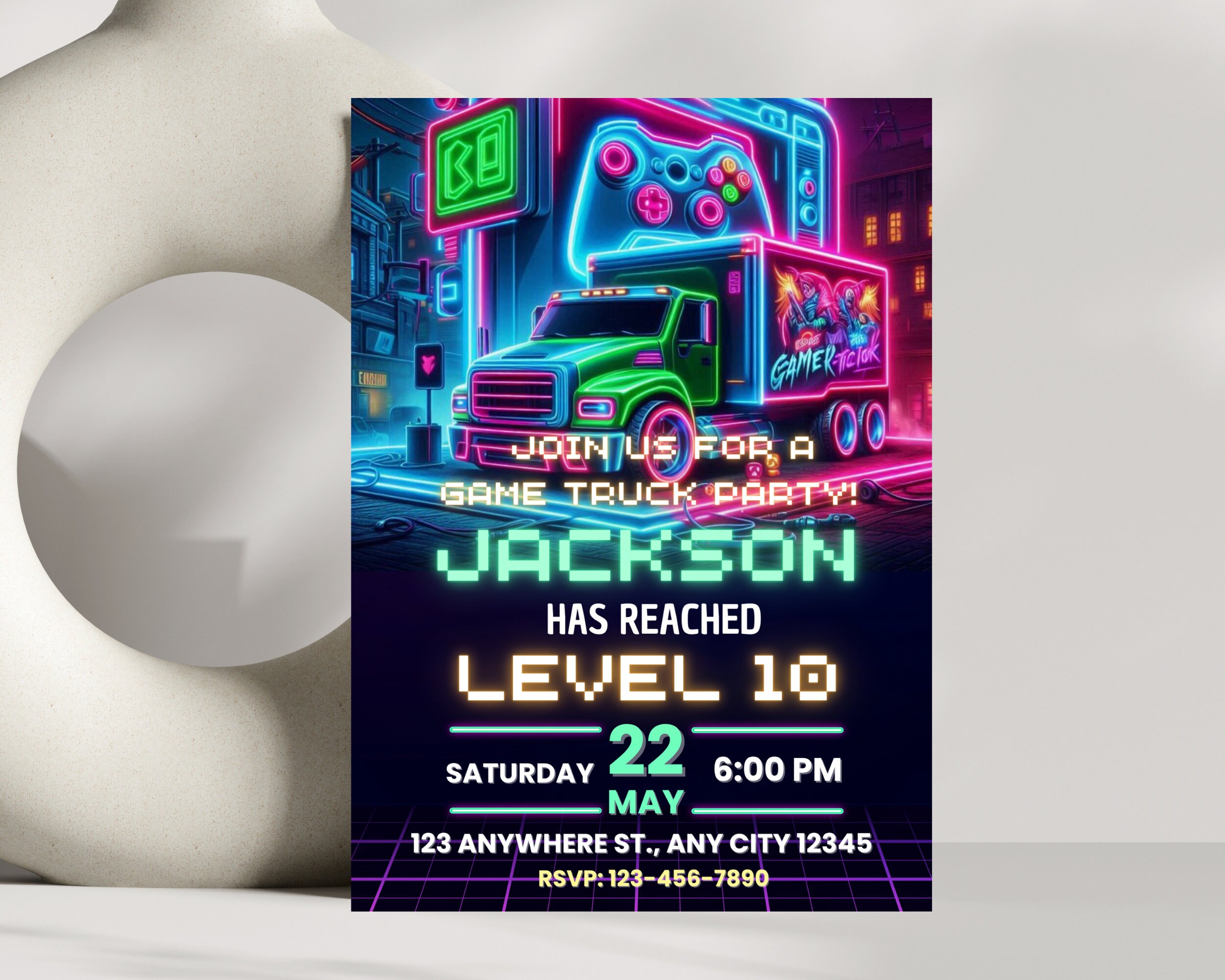 Video Game Truck Birthday Invitation, Printable Neon Gamer Truck Party ...