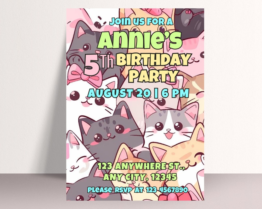 Cats Birthday Party Invitation, Editable Kitten Theme Birthday Party ...