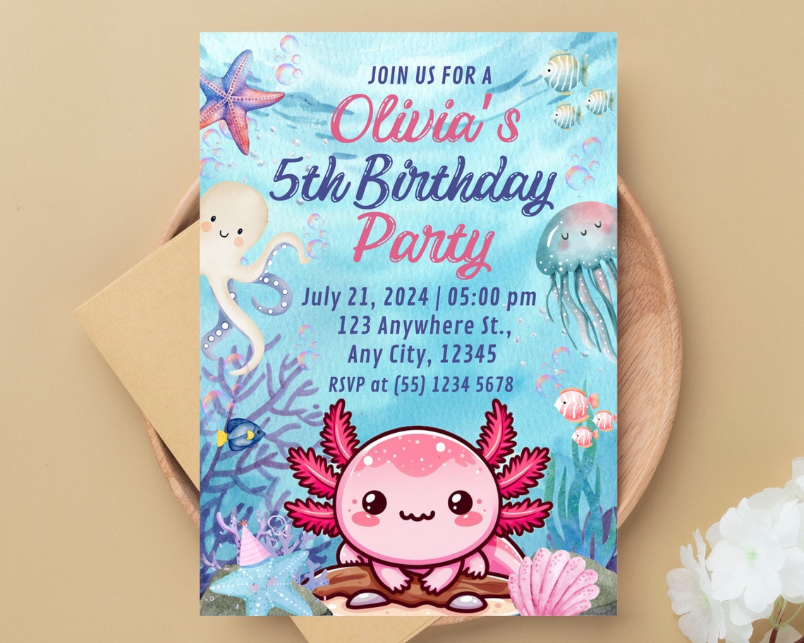 Axolotl Birthday Invitation, Editable Axolotl Birthday Invitation ...