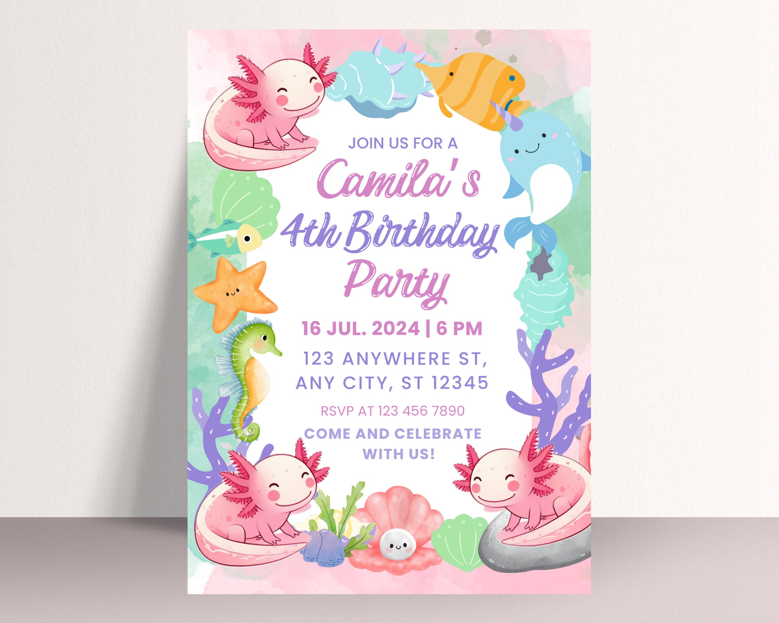 Axolotl Birthday Invitation, Editable Axolotl Birthday Invitation ...